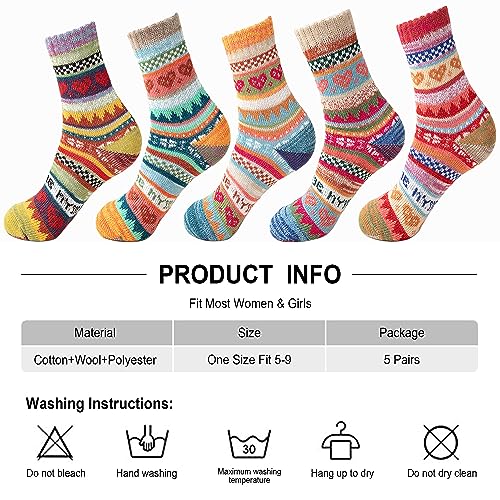 ICEIVY Womens Wool Socks 5 Pairs Warm Wool Cotton Socks Thick Knit Vintage Casual Winter Socks