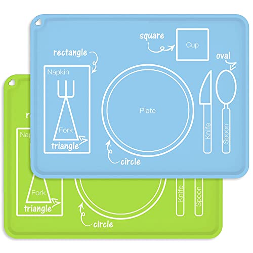 DGitaor Montesorri Placemat for Kids, Toddler Silicone Placemat for Dining Table, Non-Slip Baby Placemat, Dishwasher Safe, Wathet&Green