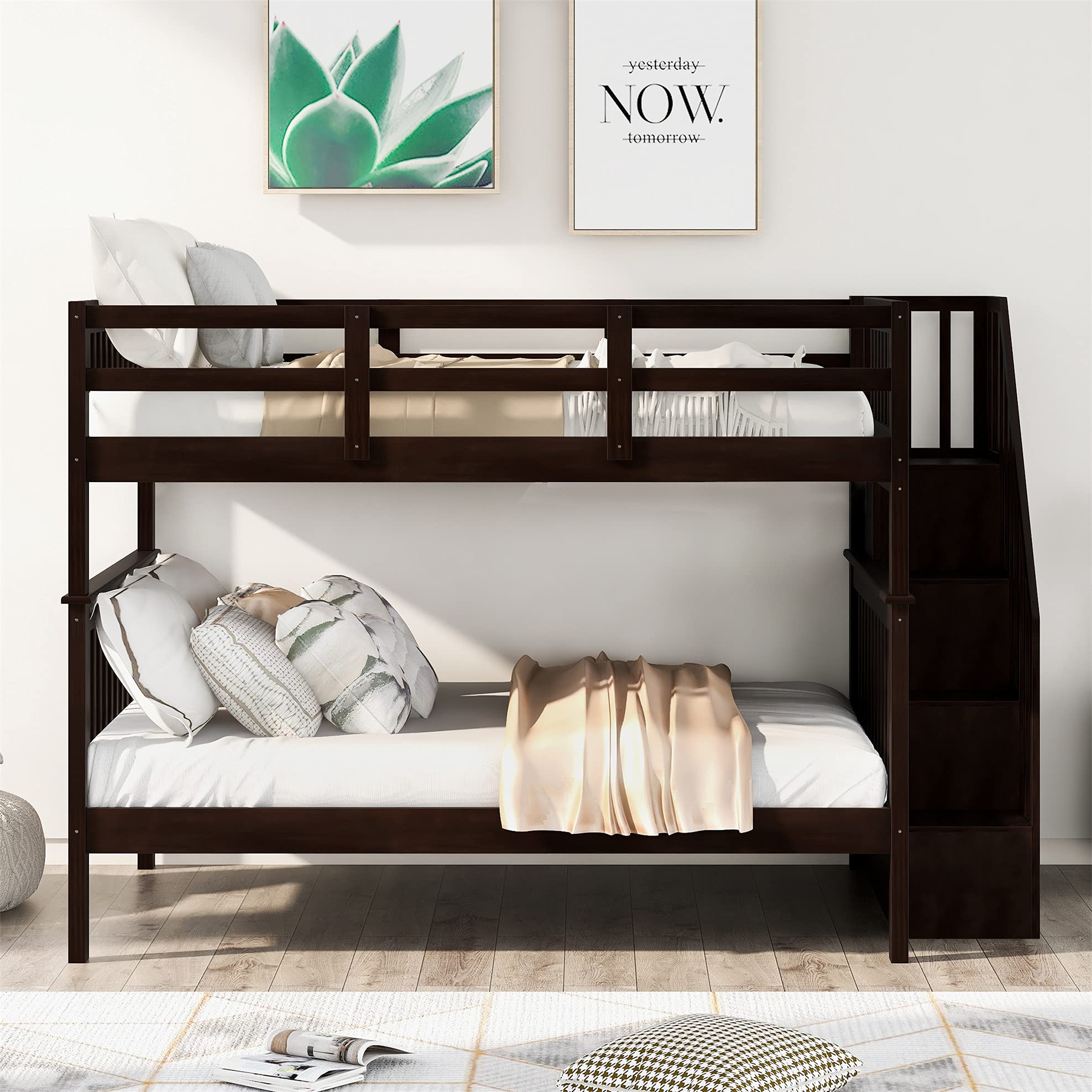 Harper & Bright Designs Full Over Full Bunk Bed with Stairs, Solid Wood Bunk Bed with Storage and Guardrail for Kids Teens Adults (Espresso)