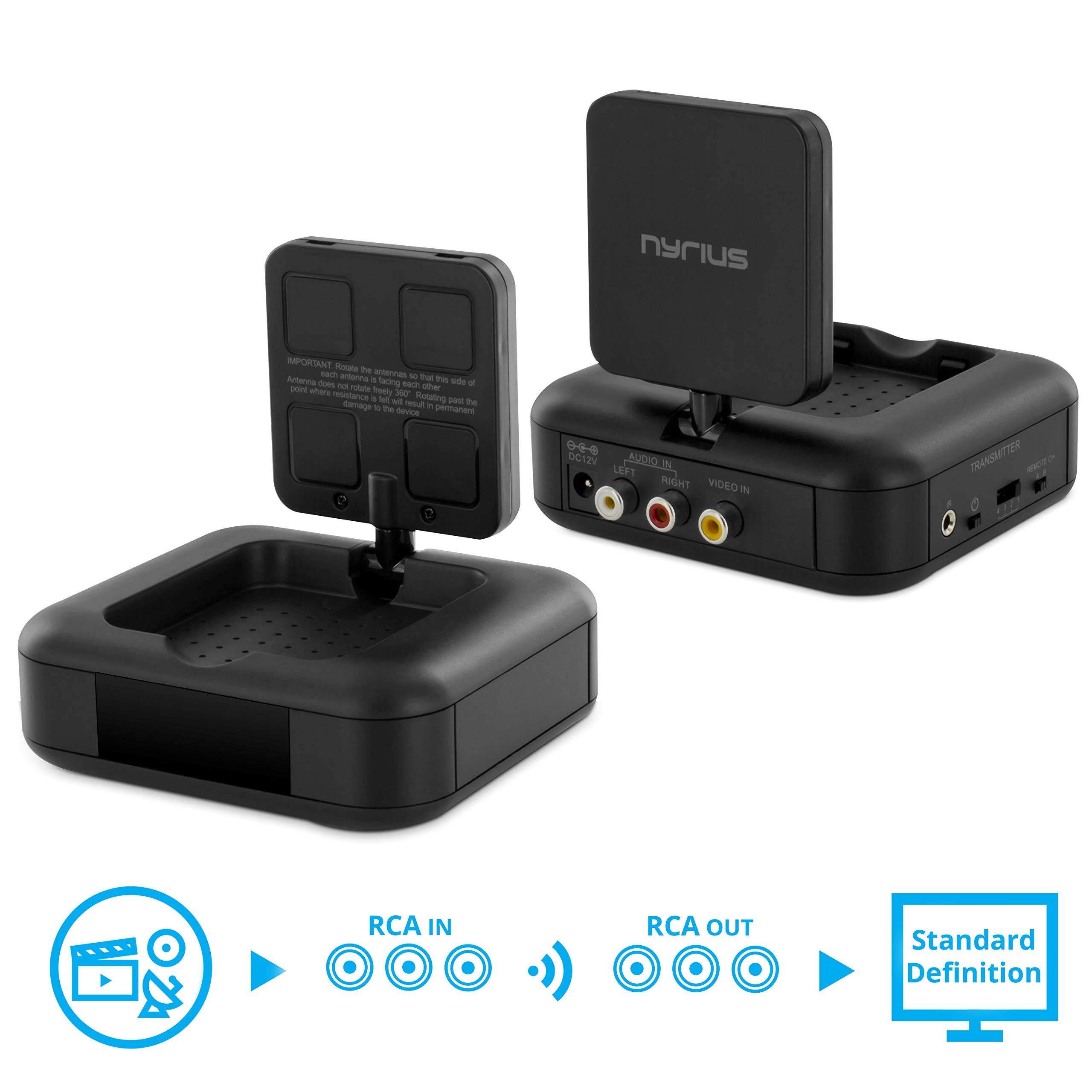 Nyrius 5.8GHz 4 Channel Wireless Video & Audio Transmitter & Receiver with IR Remote Extender for Streaming Cable, Satellite, DVD to TV Wirelessly (NY-GS10) for RCA Cable - Not Compatible with HDMI