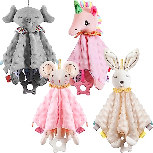 Mixweer 4 Pieces Baby Security Blanket with Tags Elephant Blanket Soft Baby Lovey for Boys and Girls Tags Security Blanket with Stuffed Animal, 4 Styles