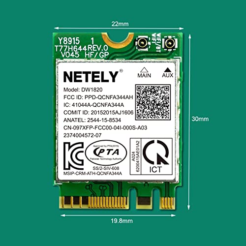 NETELY IEEE 802.11AC NGFF M2 Interface 1200Mbps Dual Band WiFi Adapter for Laptop PCs, NGFF M2 WiFi Card with Bluetooth 4.2, OEM DELL Wireless Network Adapter DW1820