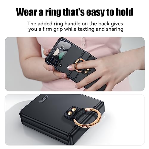 LEIAU for Samsung Galaxy Z-Flip-4 Case: Upgrade [Full Cover Hinge Protection] Slim Phone Case with Metal Ring Screen Protection Wireless Charging for Galaxy Z Flip 4 5G(2022) Black