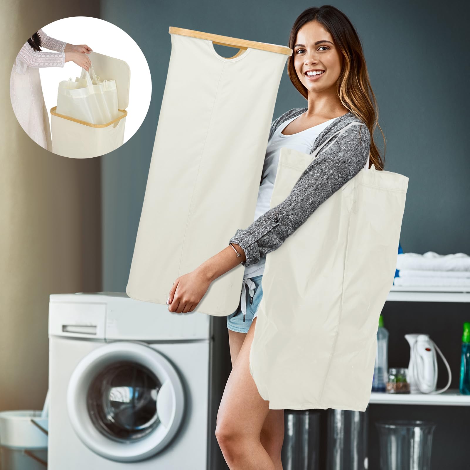 Coumy 2 Pack Laundry Hamper with Lid 100L,Slim Laundry Basket with Removable Washable Bags-Oxford Collapsible Storage Basket for Bedroom and Bathroom(Beige and Grey)(16.1” x 13” x 29.5”)