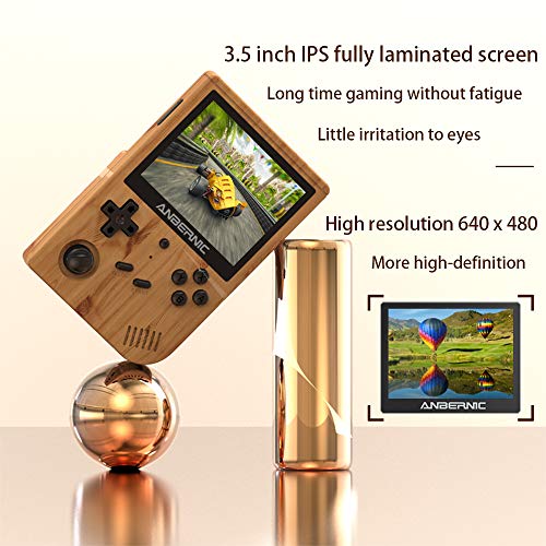 HAIHUANG RG351V Handheld Game Console , Plug & Play Video Games Supports Double TF Extend 256GB , Portable Game Console 3.5 Inch IPS Screen 2521 Games (Wood), LE