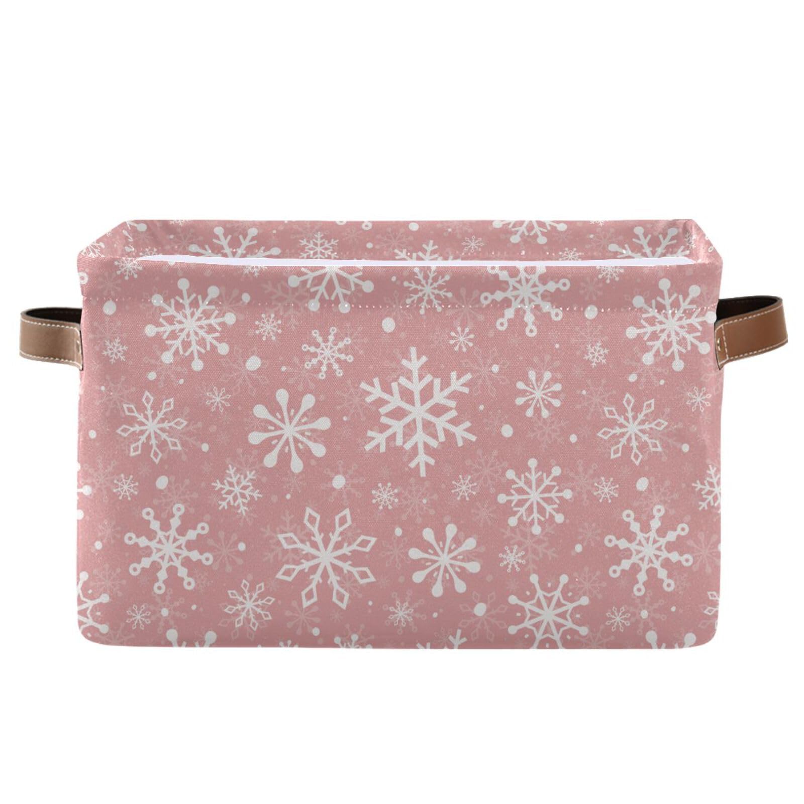 MNSRUU Christmas Basket Pink Snowflakes Storage Basket for Shelves, Decorative Storage Cubes Foldable Storage Bins for Organizing Closet Shelf, Cube Storage Organizer
