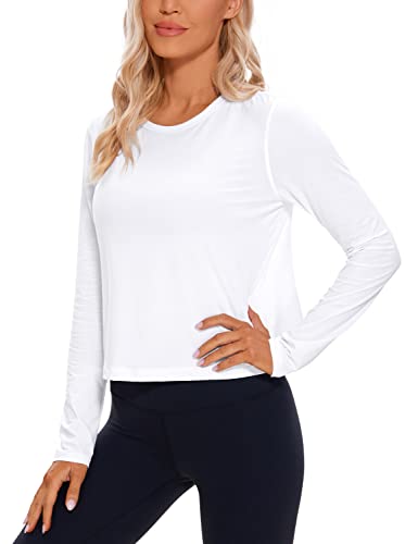 CRZ YOGA Pima Cotton Long Sleeve Workout Shirts for Women Loose Cropped Tops Athletic Sports T-Shirt White Small