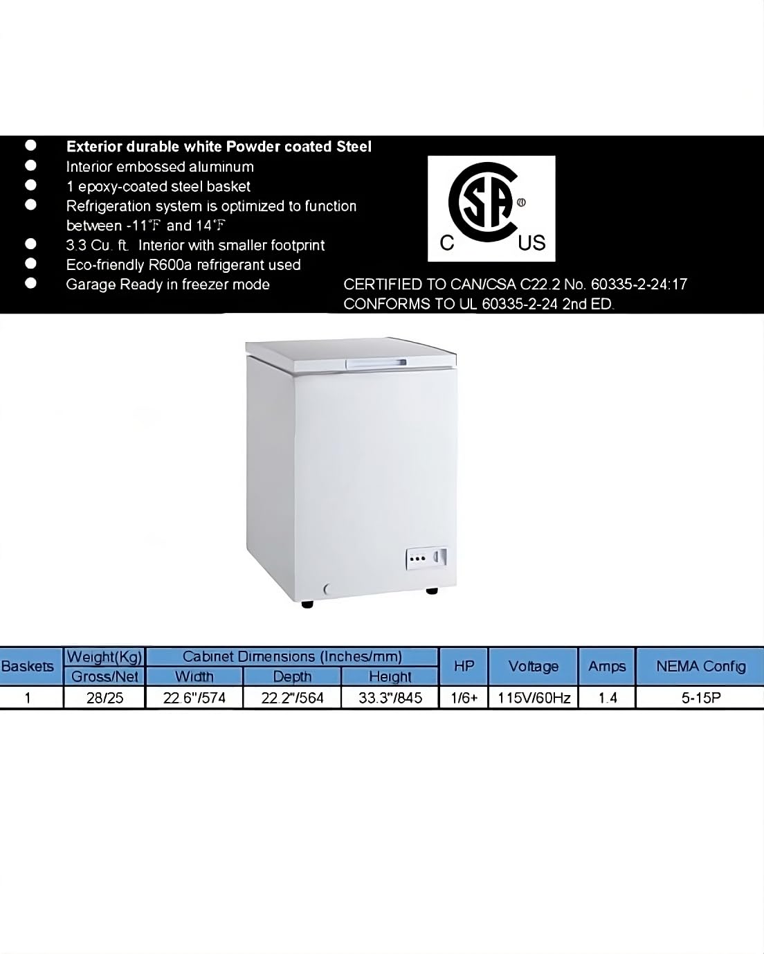 DISCONTINUED Commercial Chest Freezer, Single Solid Lockable Top Lid, All-Purpose Deep Freezer w/Storage Baskets, Lockable Lid 22.6" W 3.5 cu. ft. Ice Cream, CSA White