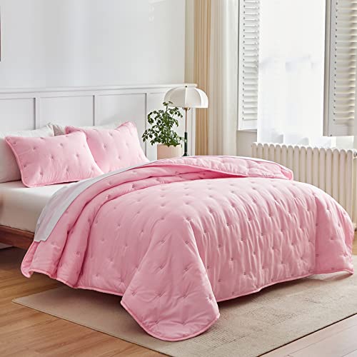 Joyreap 3 Pieces Quilt Set Queen Size Pink, Microfiber Lightweight Quilt Bedding Set, Bedspread Coverlet Bed Cover for All Season, 1 Quilt and 2 Pillow Shams- 90x90 inches