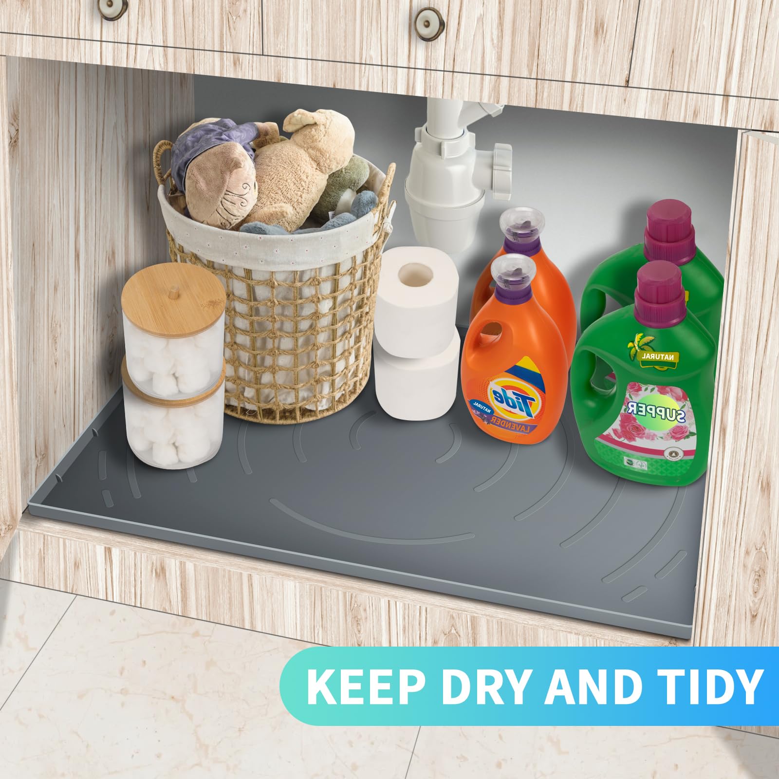 Under Sink Mat, 34" x 22" Under Sink Mats for Kitchen Waterproof, Under Sink Shelf Liner, Flexible Silicone Cabinet Protector Tray for Bottom of Kitchen & Bathroom Grey