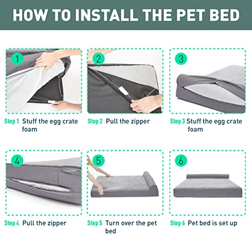 Eterish Extra Large Orthopedic Dog Bed for Medium, Large, Extra Large Dogs up to 100 lbs, 4 inches Thick Egg-Crate Foam Bolster Bed with Removable Cover, T-Shape Pet Bed Machine Washable, Grey