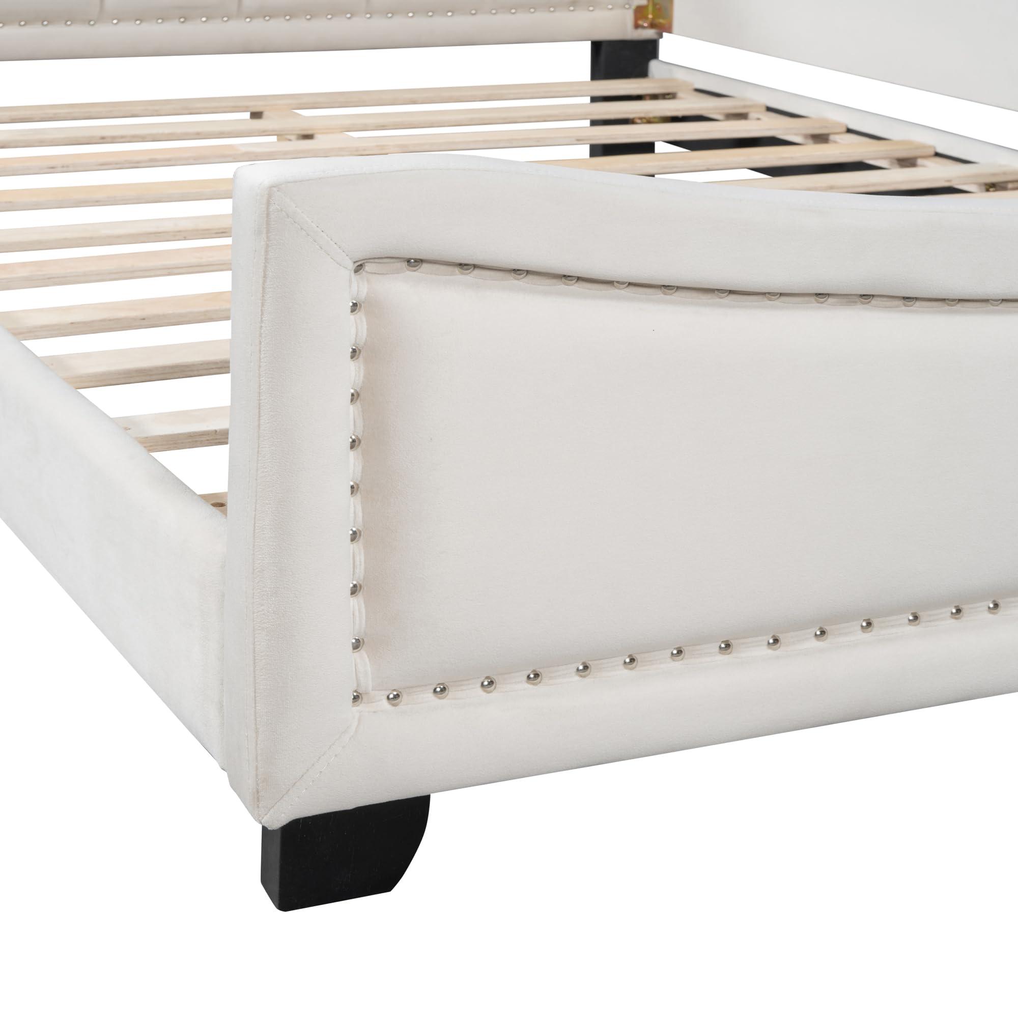 P PURLOVE Full Size Upholstered Daybed with Headboard,Velvet Platform Bed with Rails and Slat,Low Profile Single Daybed for Girls Boys,Beige