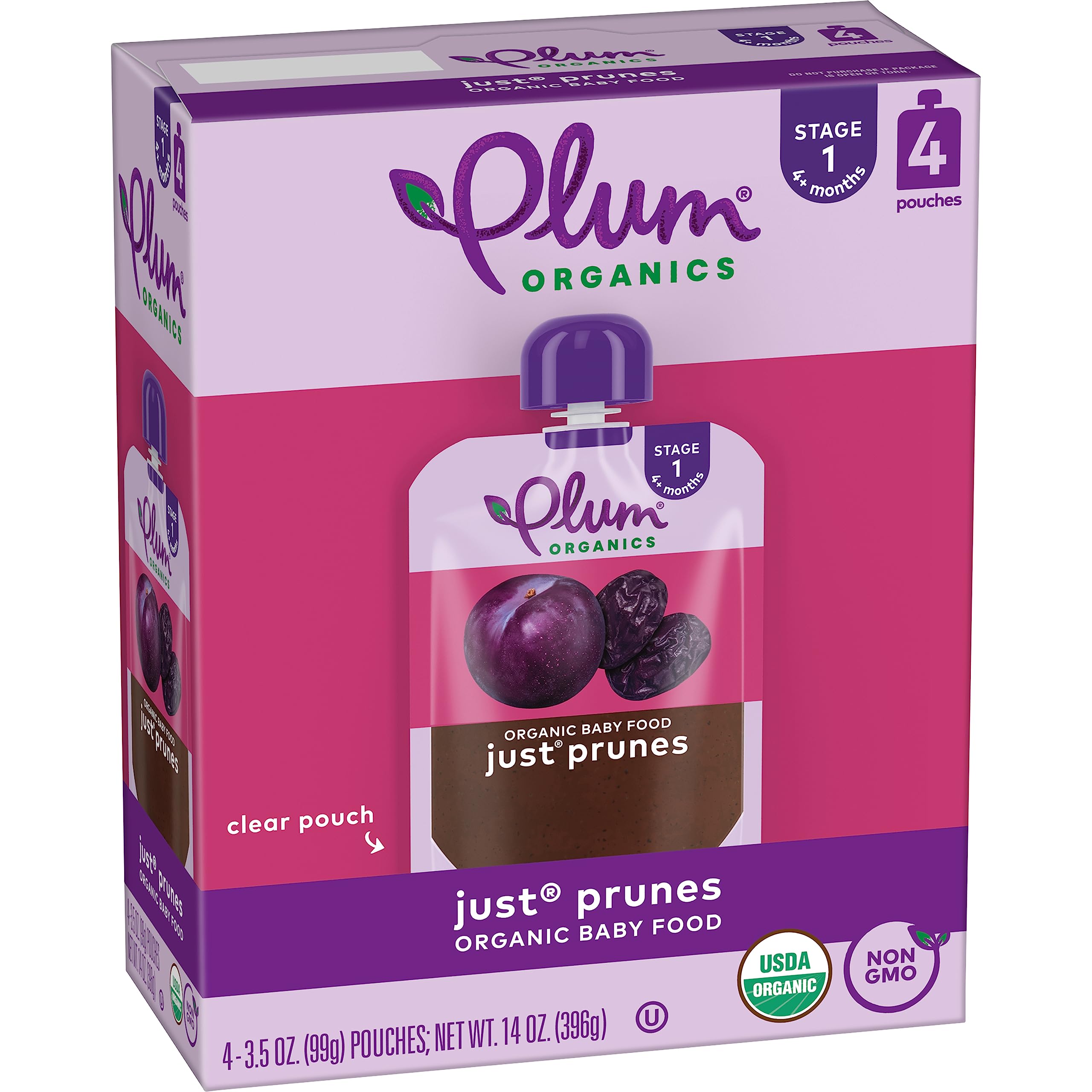 Plum Organics Stage 1 Organic Baby Food - Just Prunes - 3.5 oz Pouch (Pack of 4) - Organic Baby Food Pouch