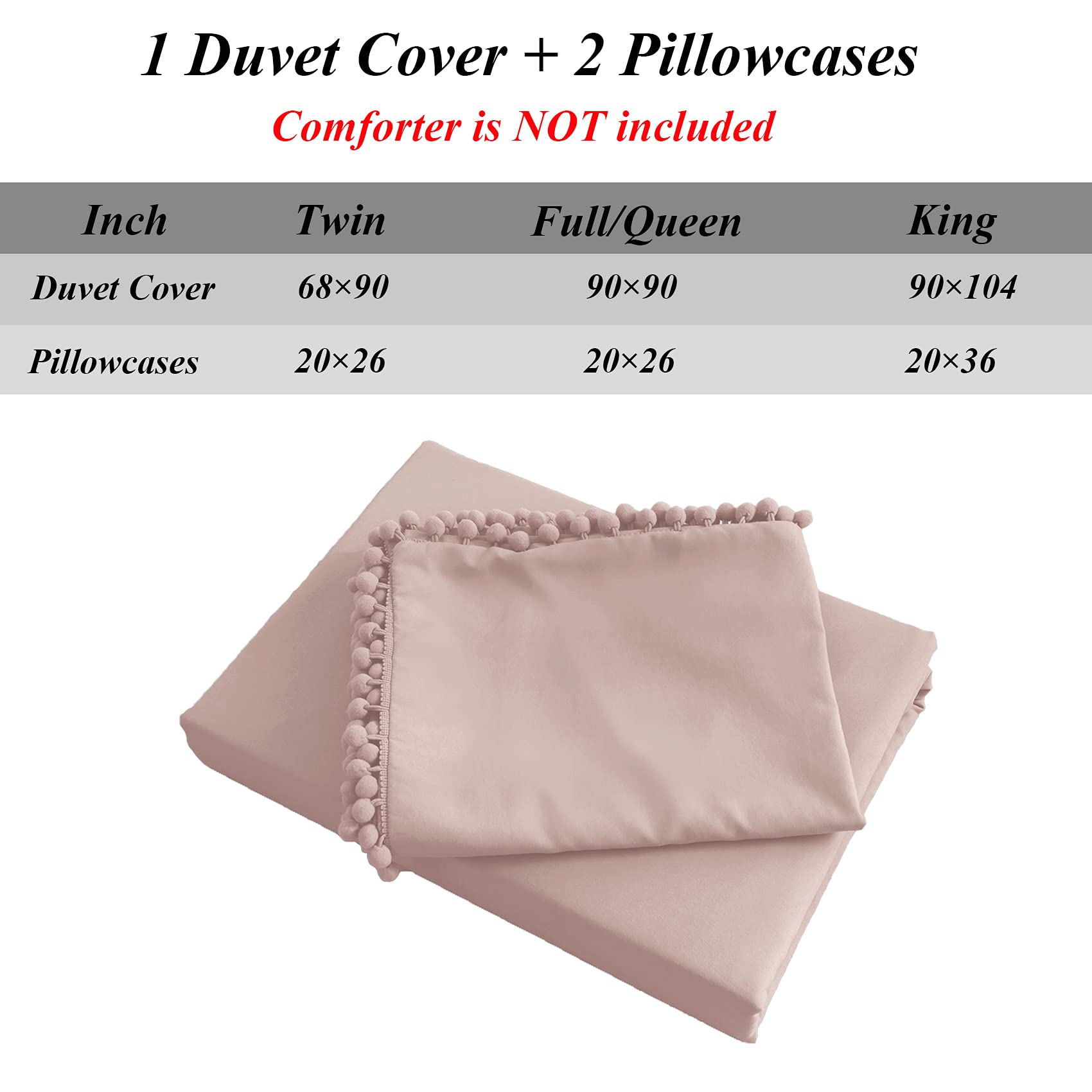 Bowavat Pom Pom Fringe Duvet Cover Twin Size,100% Washed Microfiber 3 Pieces Pink Mocha Duvet Cover Set, Soft and Durable with Zipper Closure and Corner Ties (Twin, Pink Mocha)