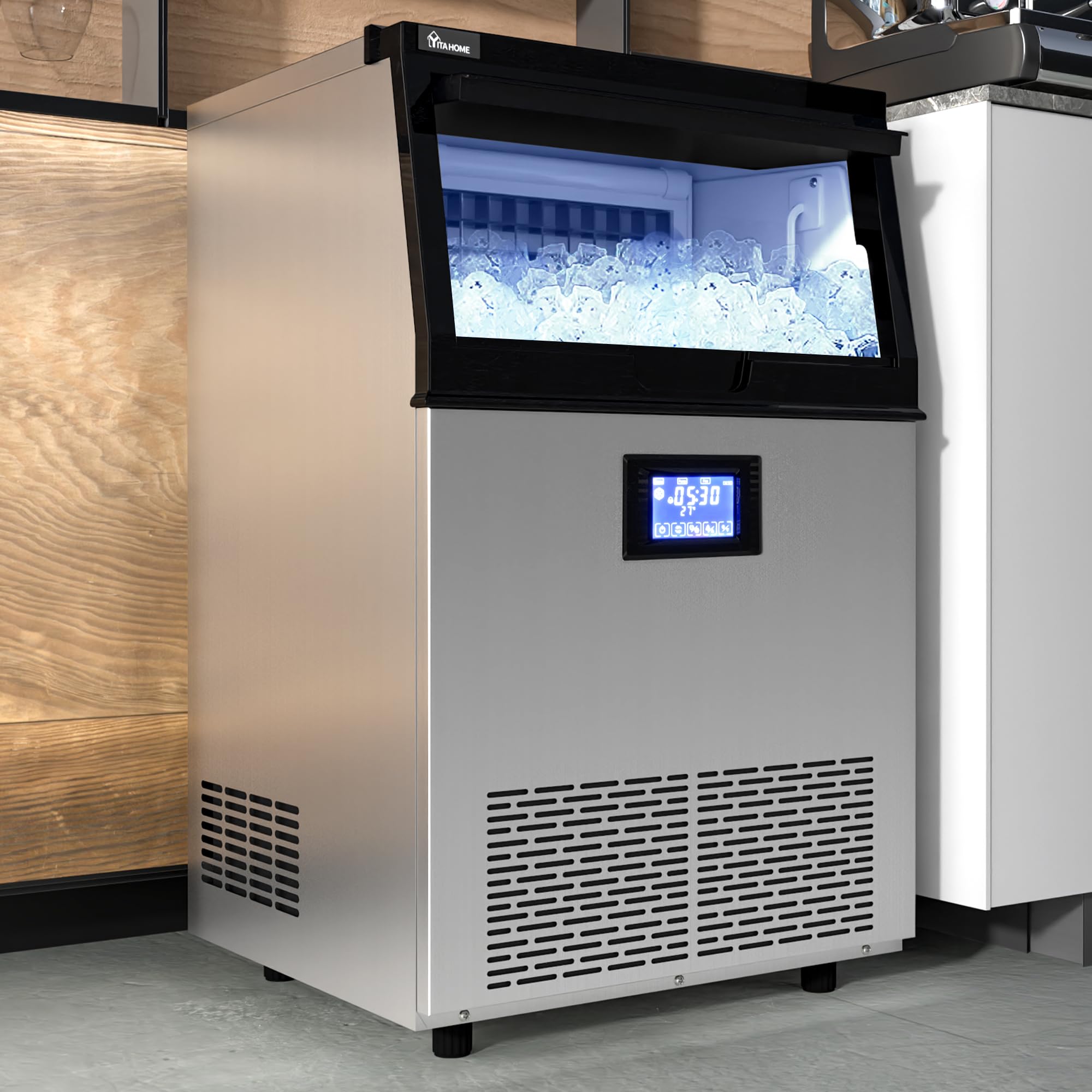 YITAHOME Upgraded Commercial Ice Machine, 120LBS/24H Ice Maker with 33LBS Storage Bin, LCD Panel with Blue Light & Stainless Steel Scoop for Restaurant, Home, Bars, Coffee Shop(40PCS)