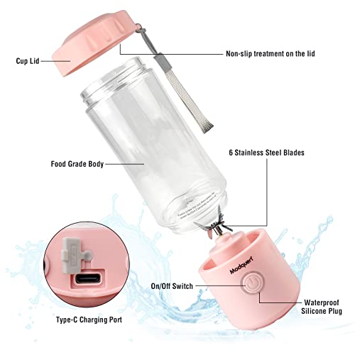 Modquen Portable Blender, 14 oz Personal Size Blender for Shakes and Smoothies, 220 Watt BPA-Free Mini Blender Cup, USB Rechargeable Cordless Blenders (Pink)