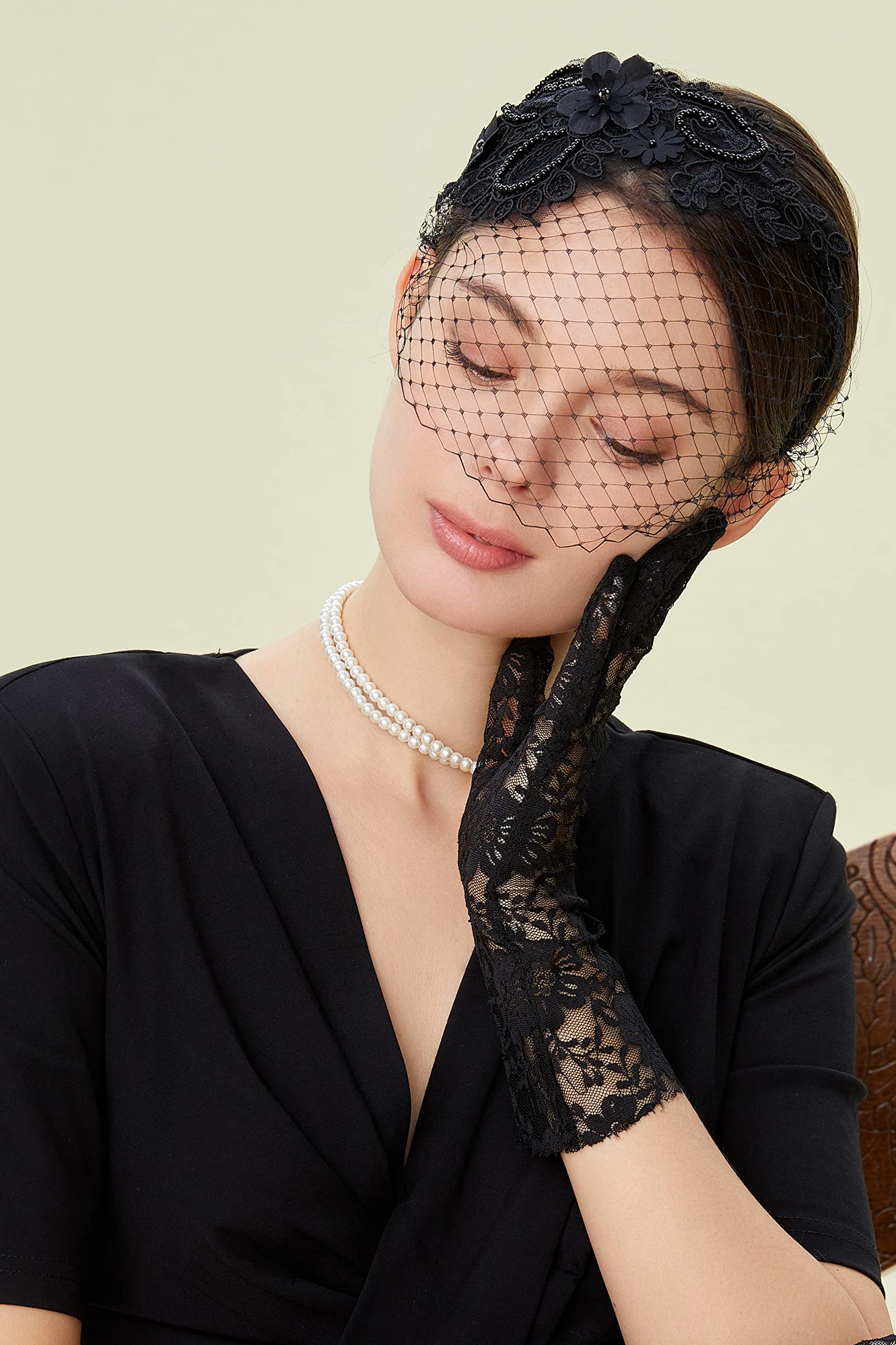 BABEYOND Bridal Wedding Veil Fascinator Mesh Lace Headband Tea Party Flower Fascinator Funeral Hats for Women Black