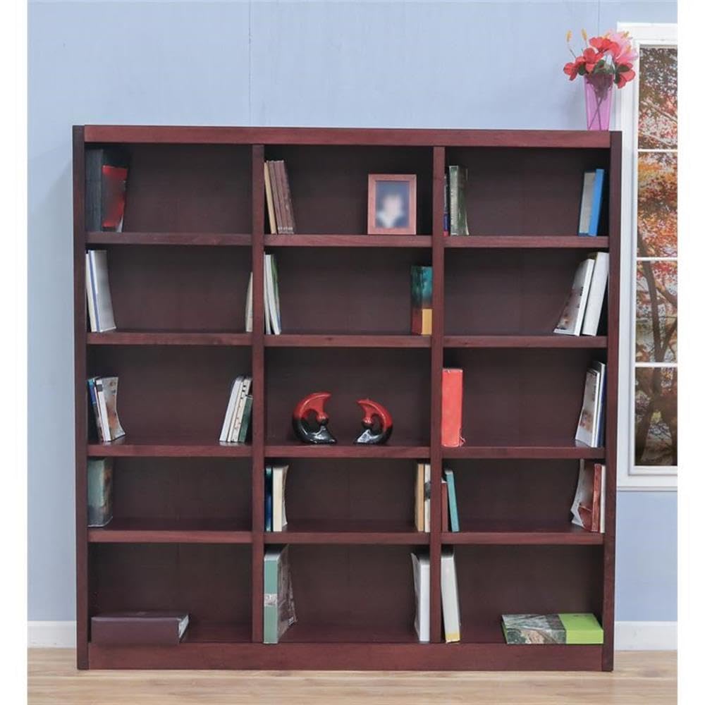 BOWERY HILL 72" Traditional Triple Wide Wood Bookcase with 12 Adjustable Shelves and 3 Fixed Shelves, Ready for Assembly, for Home/Office Use, in Cherry Finish