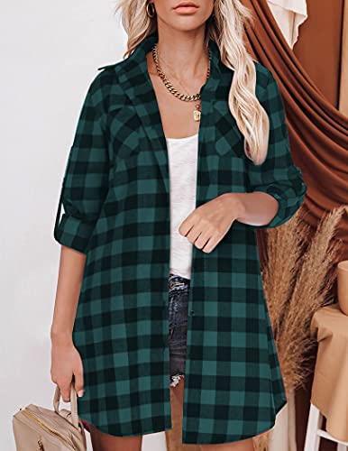HOTOUCH Boyfriend Style Shirts Oversized Flannel Long Plaid Tops Tunics Green-Black Large