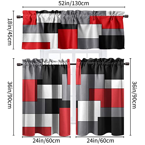 HAISUKA Red Kitchen Curtains Tiers and Valances Set of 3 Black Grey Red Kitchen Decor and Accessories Abstract Art Kitchen Window Curtains for Cafe Living Room