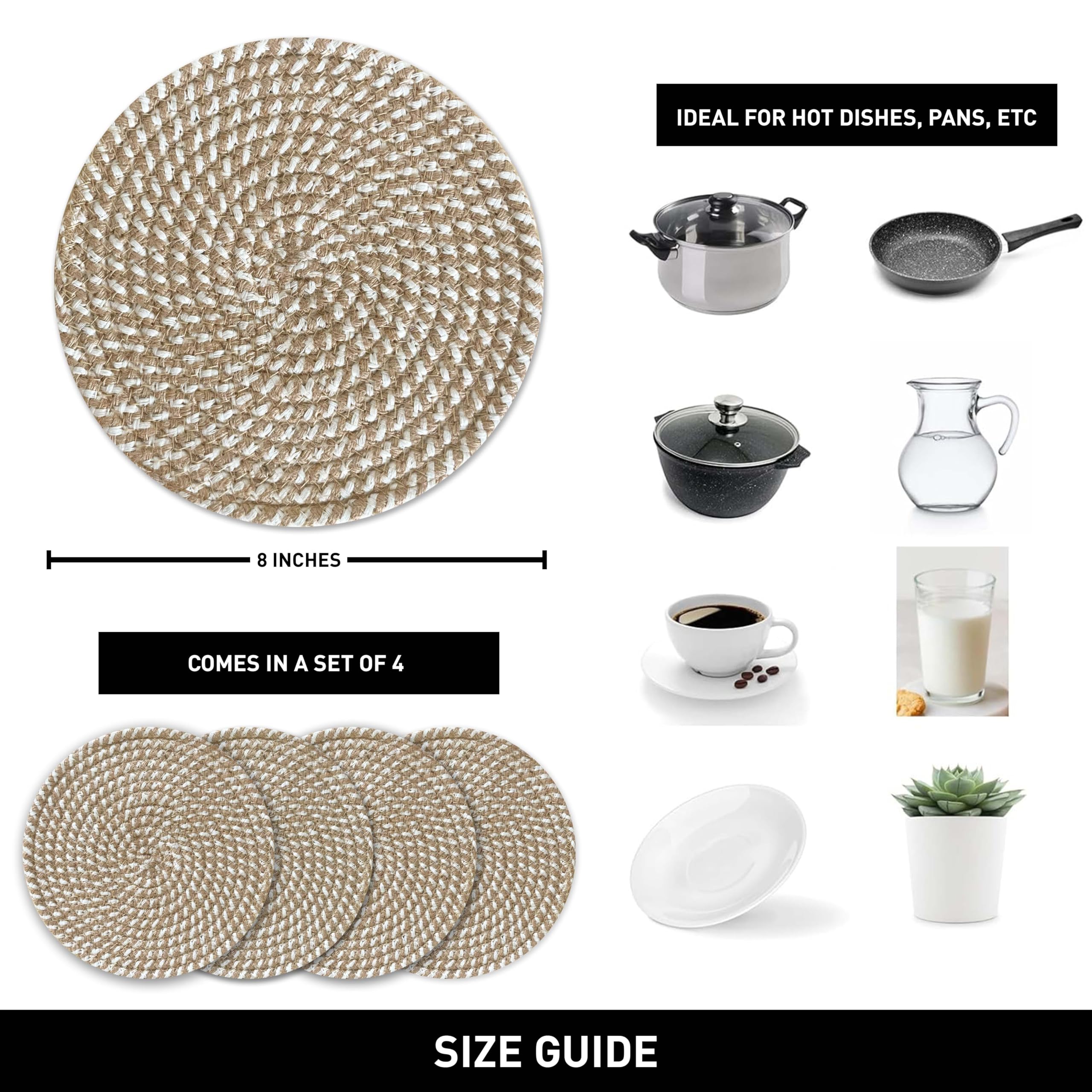 Chardin Home Braided 8 Inch Trivets - Set of 4, Rustic Boho, Absorbent, Heat Resistant Pot Holder for hot Pans, Dishes, Suitable for Table top, Kitchen counters, 100% Natural Sustainable Jute Ropes