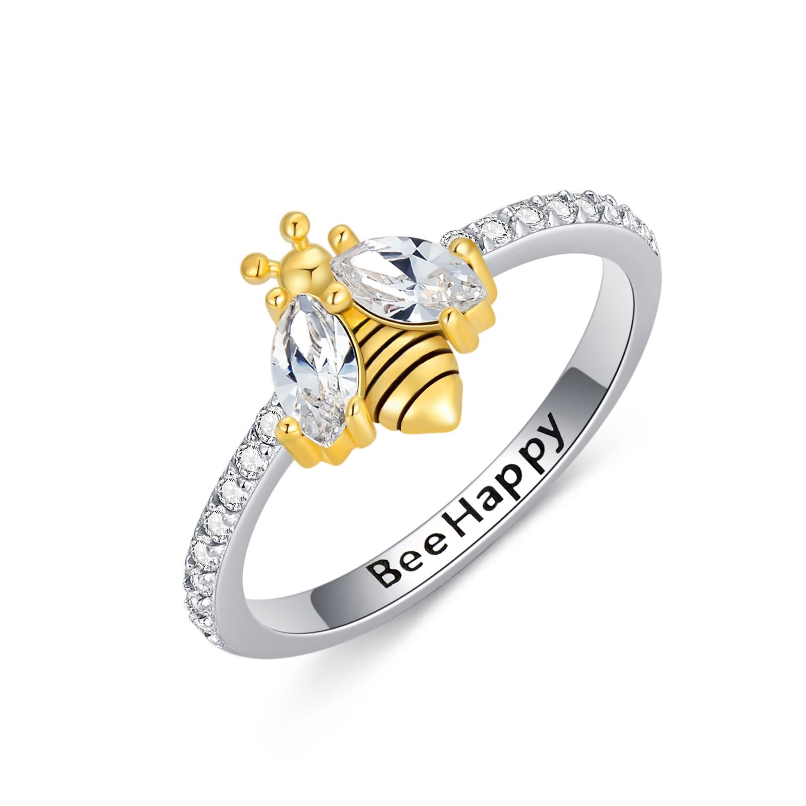 Bee Ring Sterling Silver Bee Band Ring with Crystal Promise Ring Gift for Women Teen Girl (6)