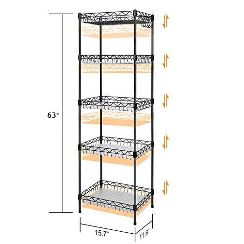 Guangfoshun Storage Shelves, 5-Tier Wire Shelving Unit with Baskets Storage Rack Corner Shelf Shelving Adjustable Storage Shelf, 11.8" D x 15.7" W x 63" H, Black
