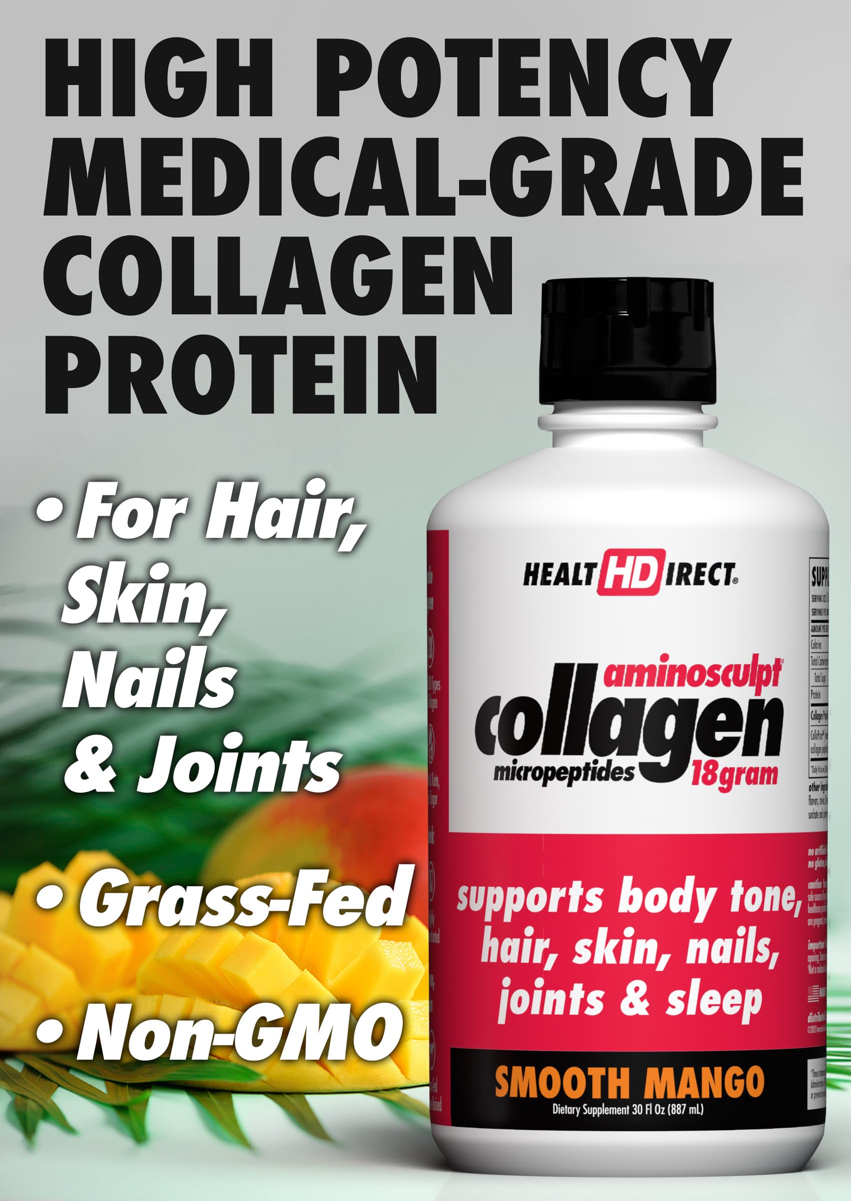 HEALTH DIRECT AminoSculpt Sugar-Free Collagen Supplement - High Potency Medical-Grade Protein for Hair, Skin, Nails & Joints, Grass-Fed, Non-GMO, Liquid Collagen - Smooth Mango - 30 Fl Oz