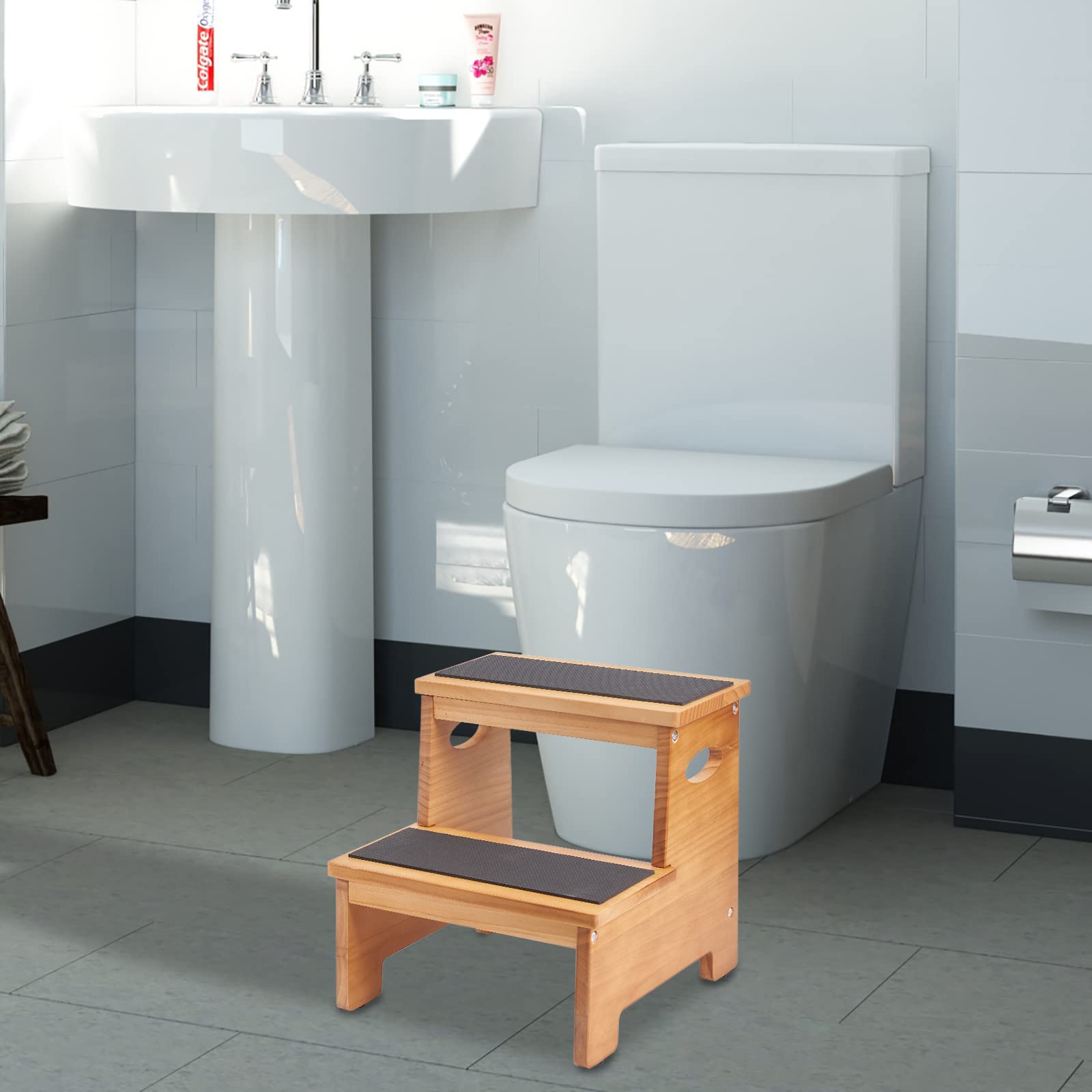 Wooden Step Stool Kids Toddler Foot Stools for Kids Potty Training Stool 2 Step Stool for Kitchen Sink Bathroom Two Step Stool with Handle Natural