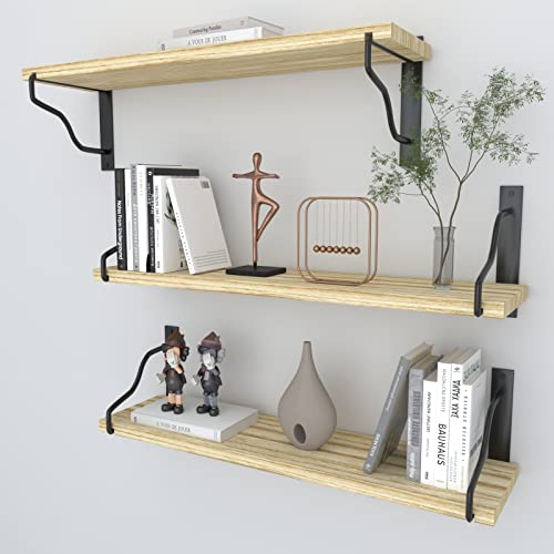 CTPNMCIN Floating Shelves Wall Mounted Set of 3,24 Inch Rustic Natural Wood Wall Shelves, Wall Shelves for Living Room/Bedroom/Bathroom/Office,Pictures Plants Books Decor Storage Shelves