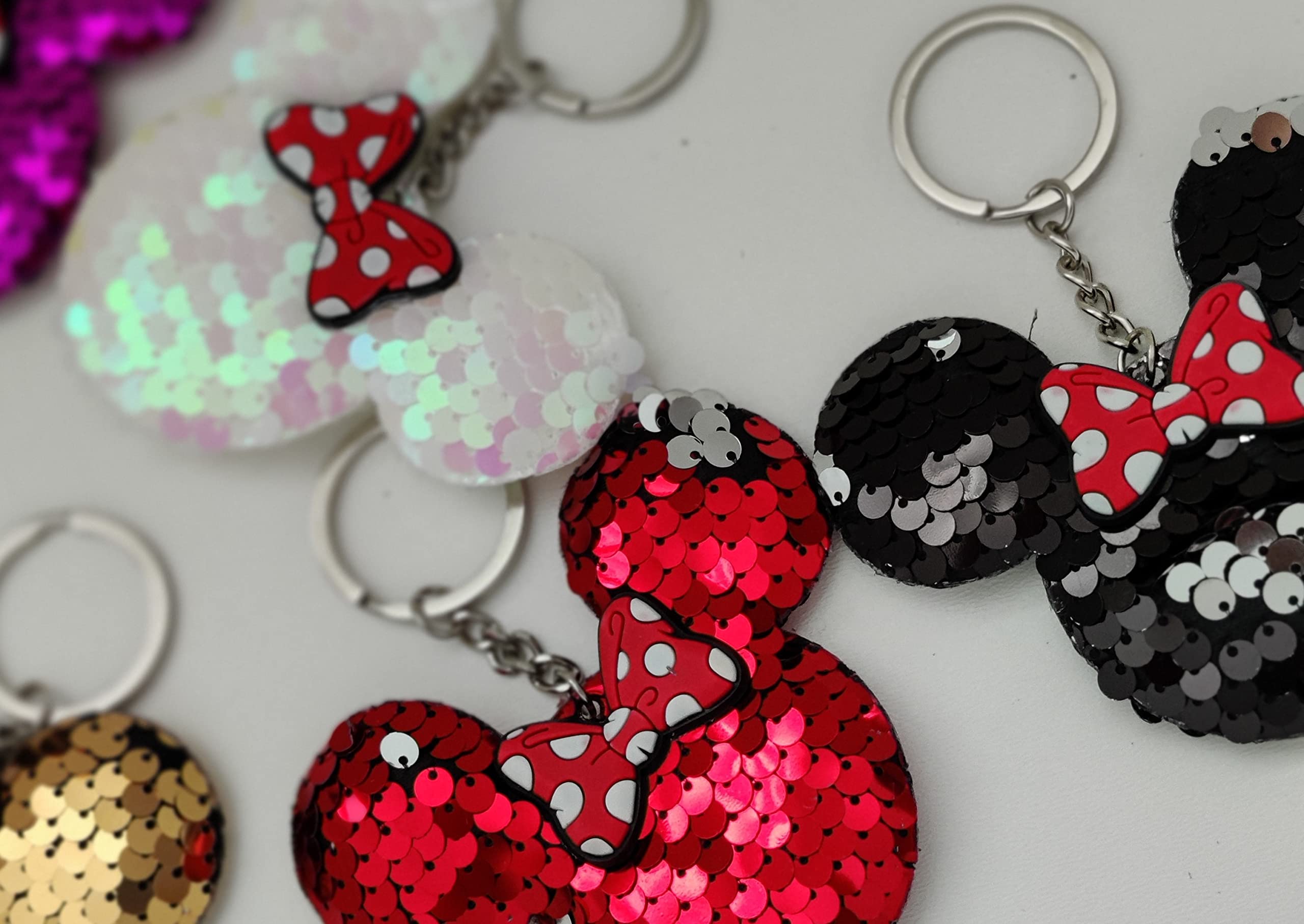 ITISMINE 12 pieces Sparkly BLINK Plush Reversible Sequin 3 inch Key Chain Appeal Backpack Bag Accessories (Minnie Shape), Red Pink Gold Silver Rainbow, 1 size fit all