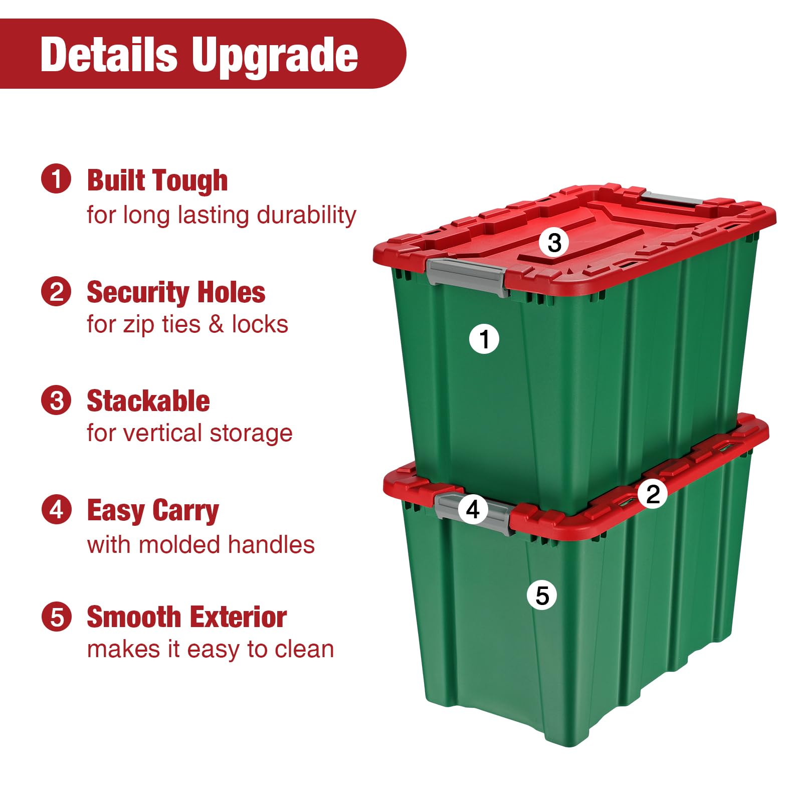 BROVIEW V12 16 Gal Heavy Duty Plastic Storage Bins with Lock Hole & Handle, Stackable Tough Tote Storage Box Containers with Latching Lids for Christmas Holiday Ornament (Green Base/Red Lid, 4 Pack)