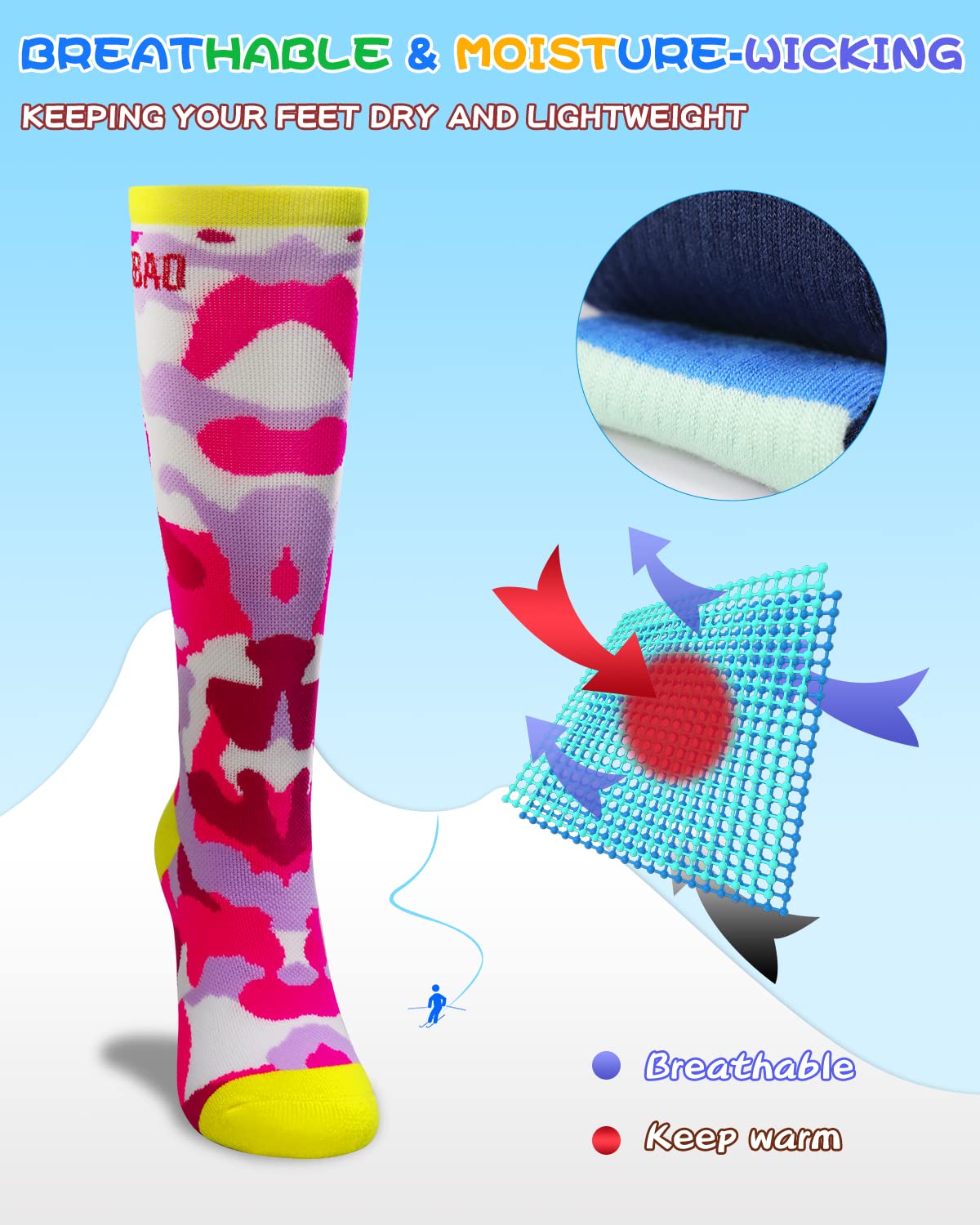 ALLWIN High Kids Ski Socks Skiing Snowboard Socks for Boys and Girls, Cold Weather Skating Outdoor Socks (M, Pattern pink+blue)