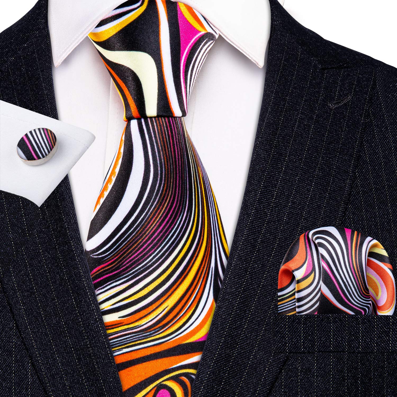 Barry.Wang Men Tie Set Print Orange Hot Pink Black Silk Necktie Pocket Square Cufflinks Formal Wedding Party Business