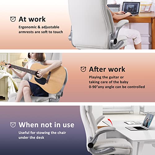 Managerial and Executive Office Chair,Ergonomic White PU Leather Office Desk Chair,Diamond Stitched High Back Swivel Task Chair with Rocking Function,Adjustable Flip-up Armrests Computer Chair