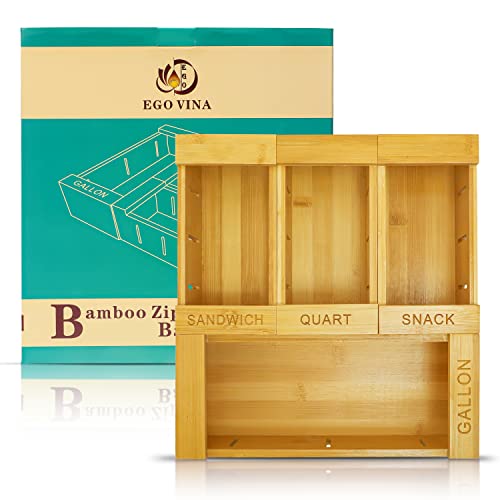 EGO VINA Ziplock Bag Storage Organizer – 4-in-1 Bamboo Ziplock Bag Organizer for Drawer – Baggie Organizer for Quart, Gallon, Snack, Sandwich Bags – Ziplock Bag Holder for Kitchen Drawer Organization