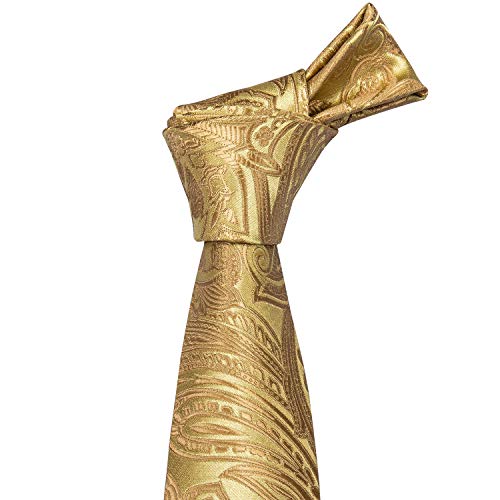 Barry.Wang Men Tie Set Paisley Gold Silk Necktie Pocket Square Cufflinks Formal Wedding Party Business Prom
