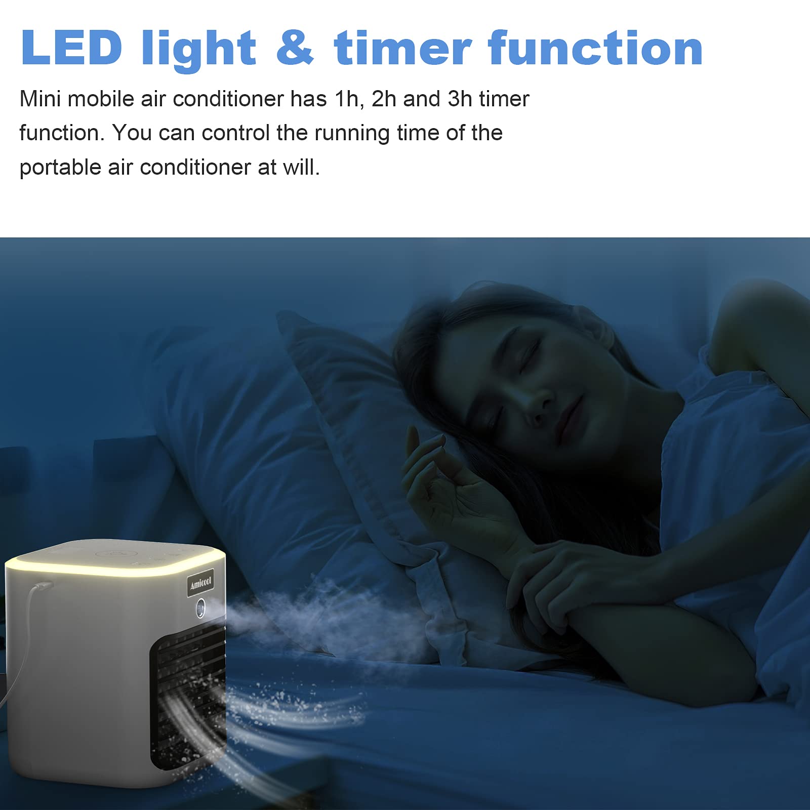 Amicool Portable Air Conditioner, Air Conditioner Fan with 3 Speeds, Personal Air Cooler with light for Home Office and Room, White (YB88)