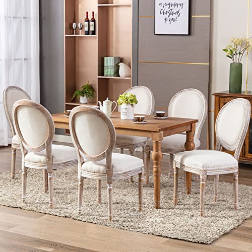 COLAMY French Country Dining Chairs Set of 4, Upholstered Farmhouse Dining Room Chairs with Round Back, Solid Wood Legs, Accent Side Chairs for Kitchen/Living Room/Bedroom- Beige