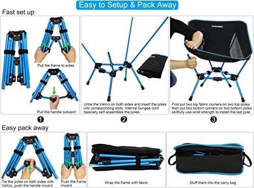 MARCHWAY Lightweight Folding Camping Chair, Stable Portable Compact for Outdoor Camp, Travel, Beach, Picnic, Festival, Hiking, Backpacking, Supports 330Lbs (Blue)
