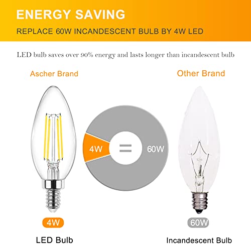 Ascher E12 Candelabra LED Light Bulbs 60 Watt Equivalent, 550 Lumen, Daylight White 5000K, Clear LED Filament Candle Bulbs, Non-Dimmable, Pack of 5