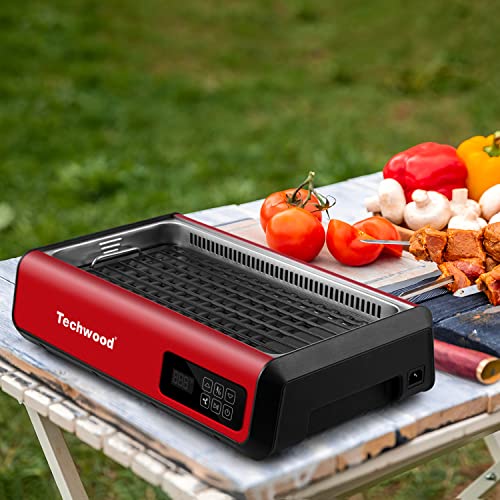 Indoor Smokeless Grill, Techwood 1500W Electric Grill with Tempered Glass Lid & LED Smart Control Panel, 8-Level Control Korean BBQ Grill with Removable Grill/Griddle Plate, Stainless Steel (Red)