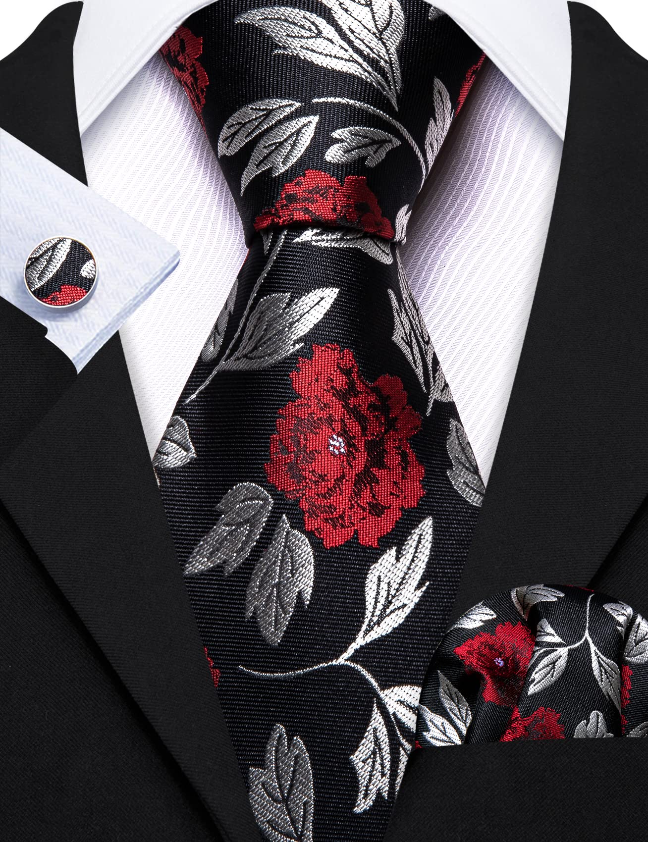 Barry.Wang Men's Classic Floral Necktie Set,Black Red,One Size