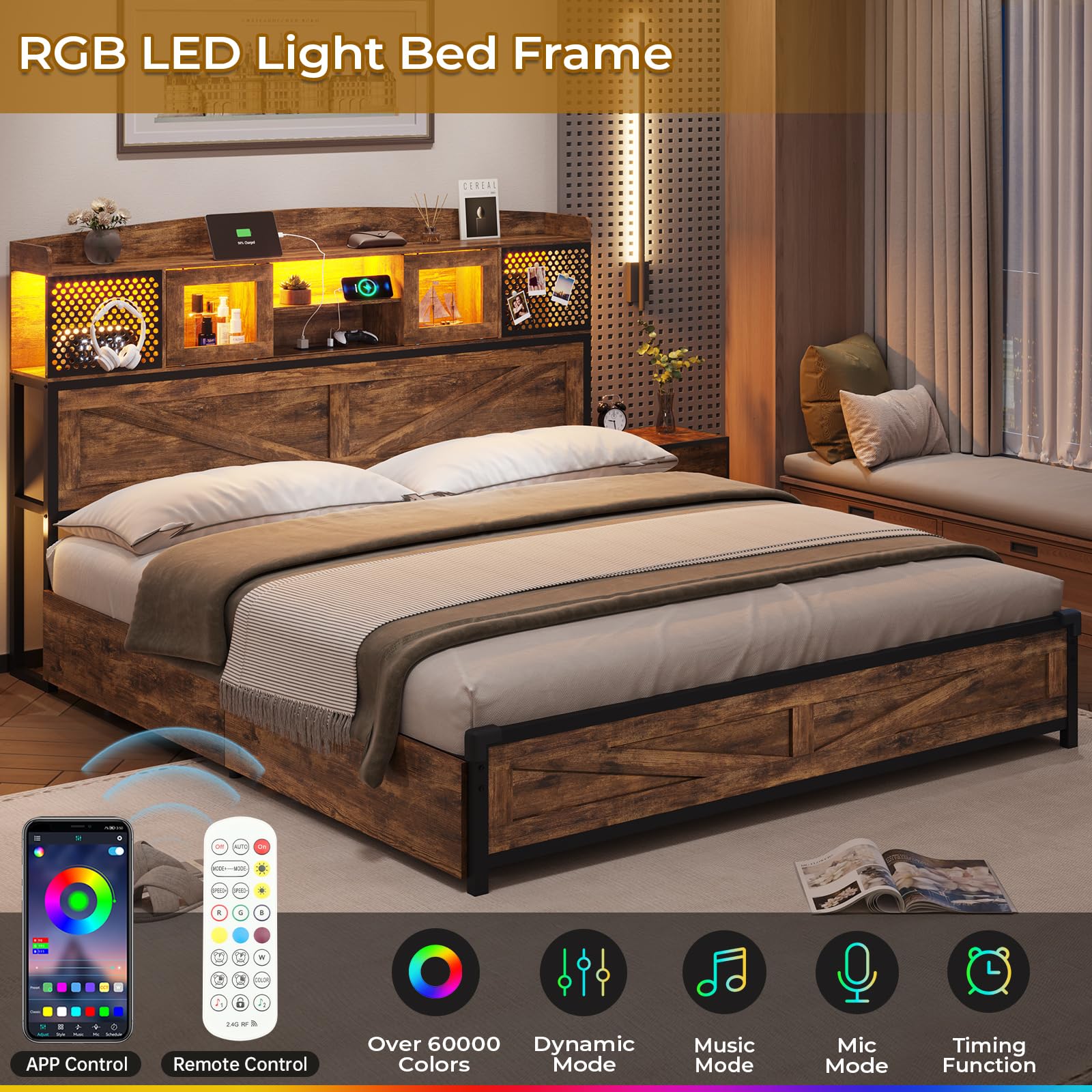 BTHFST King Size Bed Frame with Charging Station, LED Bed Frame King Size with Shelf Headboard, Farmhouse King Platform Bed Frame with Sliding Doors & Metal Slats Support, Noise-Free, Rustic Brown