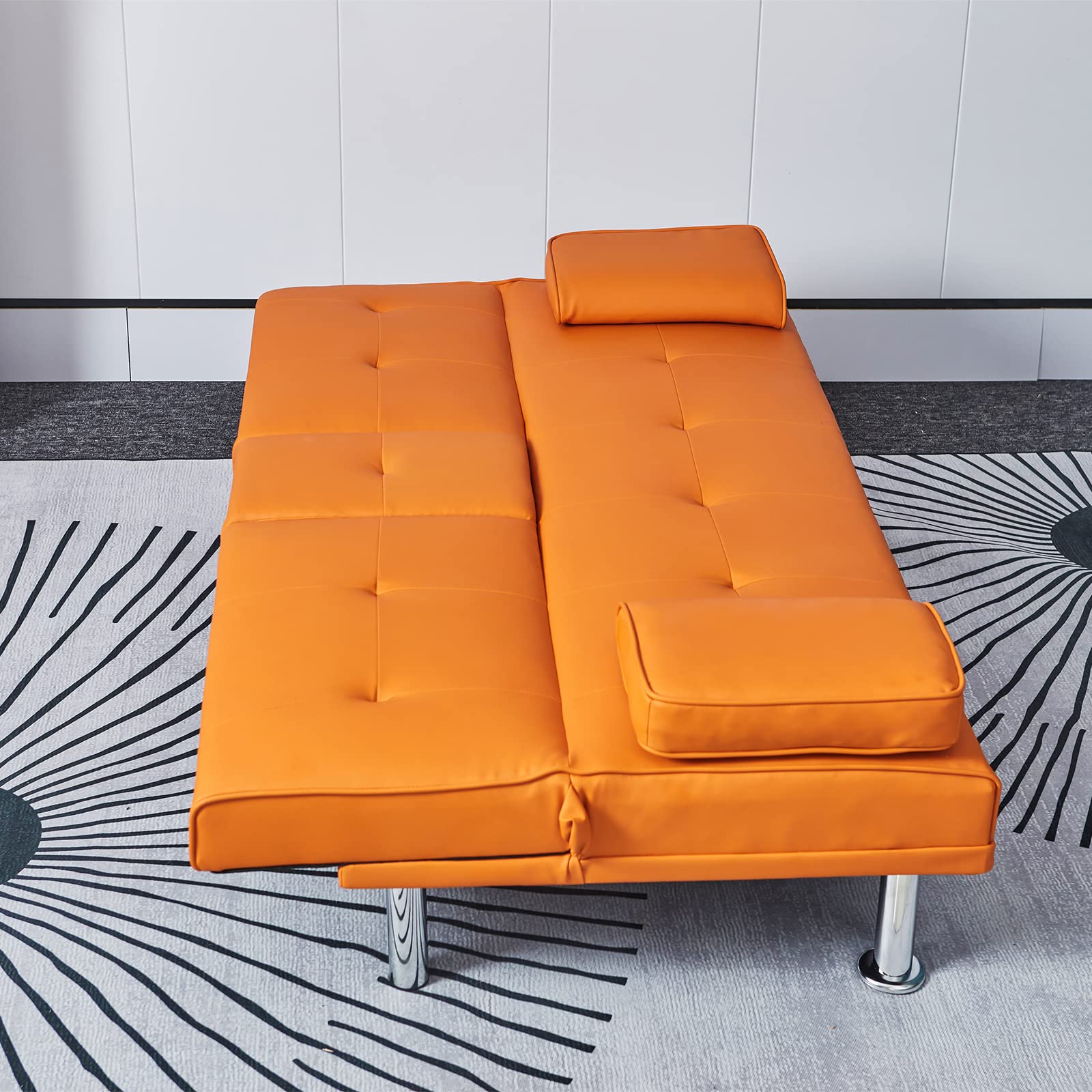 TMEOSK Faux Leather Upholstered Modern Convertible Folding Futon Sofa Bed with 2 Cup Holders, Adjustable Sofa Sleeper with Removable Armrests for Living Room Office Small Space, Orange