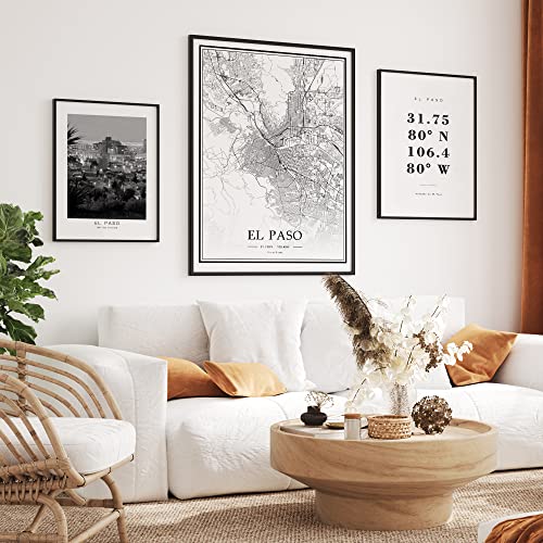 Dear Mapper El Paso United States View Abstract Road Modern Map Art Minimalist Painting Black and White Canvas Line Art Print Poster Art Line Paintings Home Decor (Set of 3 Unframed) (16x24inch)