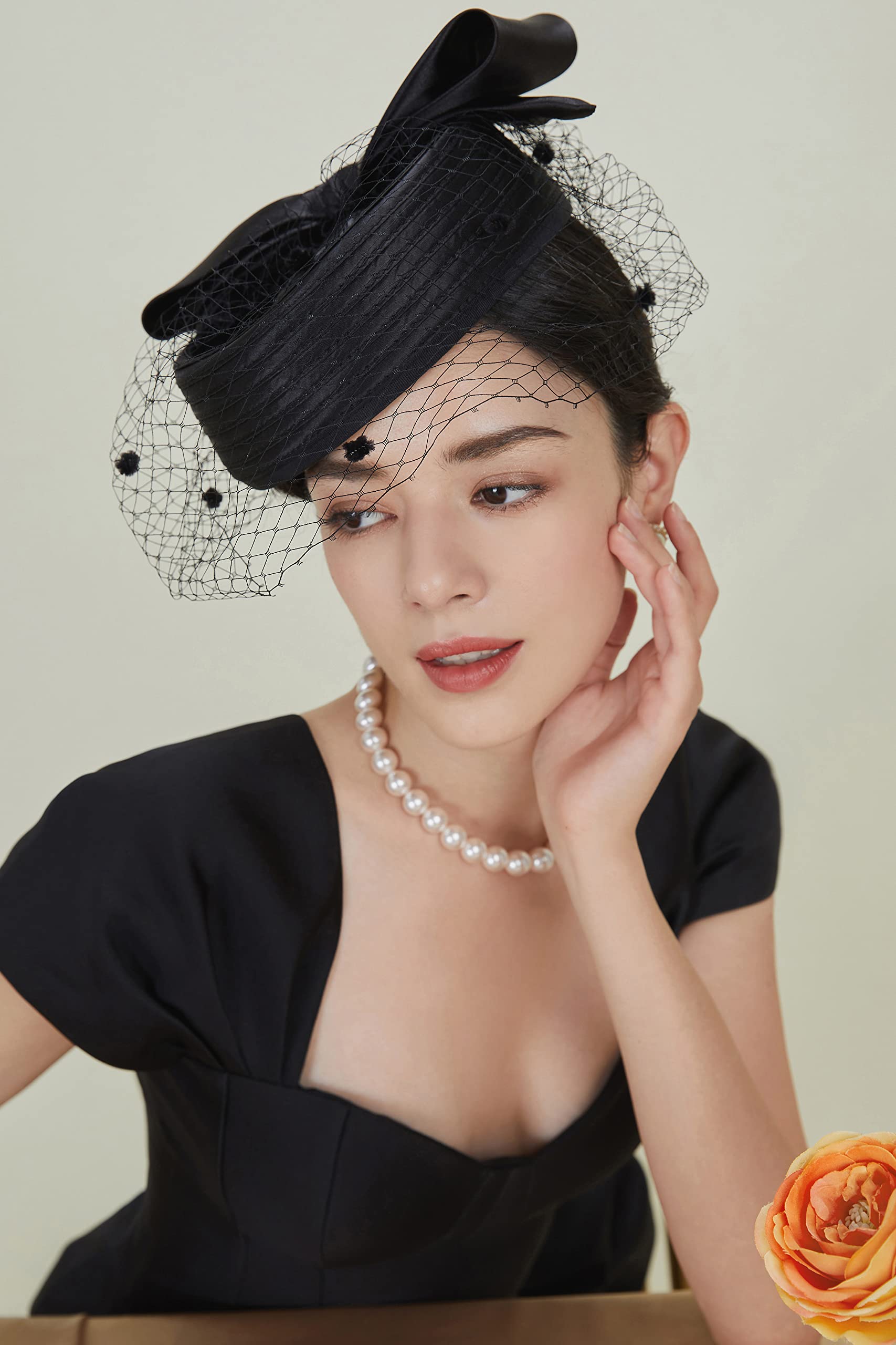 BABEYOND Kentucky Derby Hat Fascinator for Women Tea Party Veil Fascinator Hat Pillbox Hat Fascinator (Black)