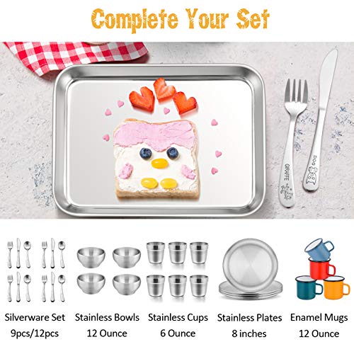 E-far Stainless Steel Kids Plates, 4 Pieces Mini Metal Dinner Dish Set for Kids Toddler Child, 7.3β x 5.3β x 0.75β, Non-Toxic & & Dishwasher Safe, Great for Self-Feeding/Picnic/Outdoor Camping