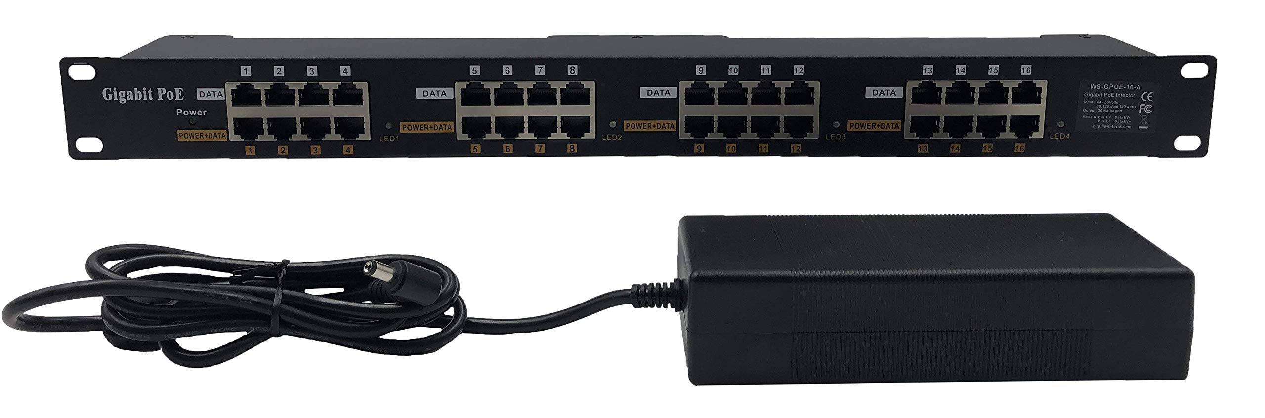 PoE Texas GPOE-16A-48v120w | Passive 802.3af Power Over Ethernet Injector for 16 PoE Cameras, IP Phones, WiFi Access Points and More | Includes 48 Volt Power Supply