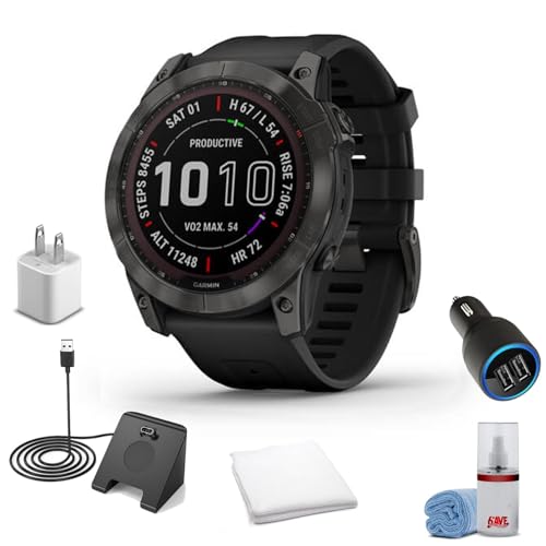 Garmin Fenix 7X Sapphire Solar Edition Smart Watch Carbon Gray Titanium with Black Band (51mm) + Watch Charging Stand + USB Car/Wall Adapter + 6TH AVE Cleaning Kit + Sweat Workout Towel (010-02541-10)